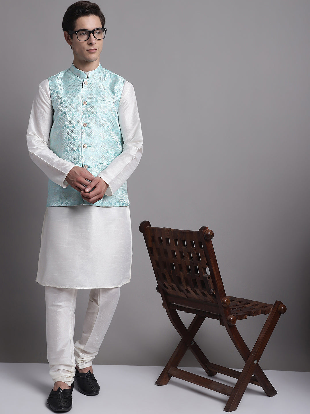 Men's Turquoise Blue Woven Design Nehru Jacket With Solid Kurta Pyjama