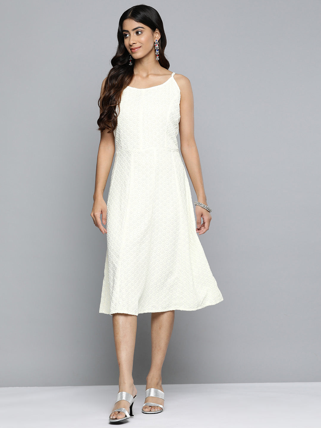 Jompers White Floral Sequin Embroidered A-Line Midi Dress ( JOK 1494 W