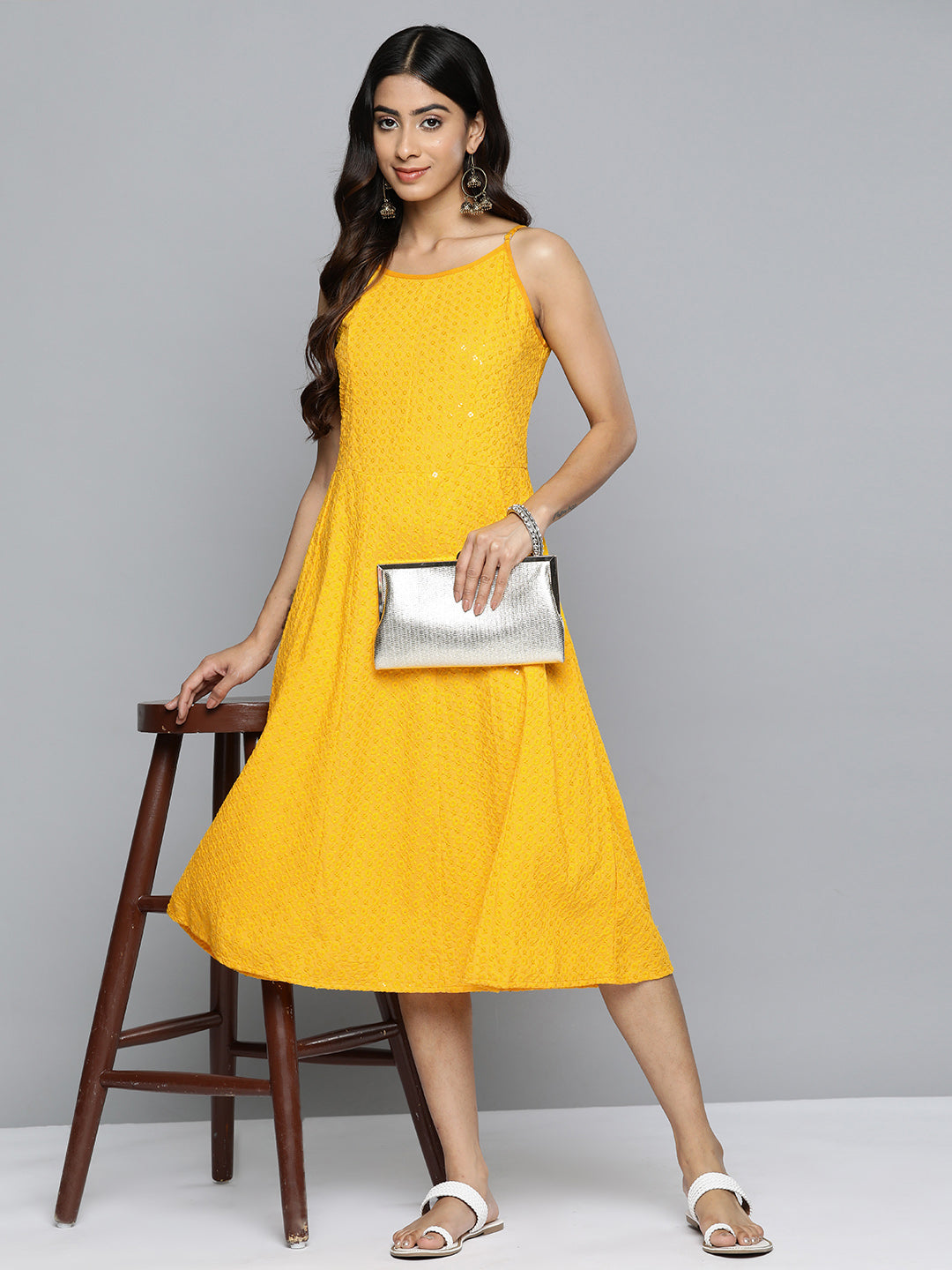Jompers Yellow Floral Sequin Embroidered A-Line Midi Dress ( JOK 1494